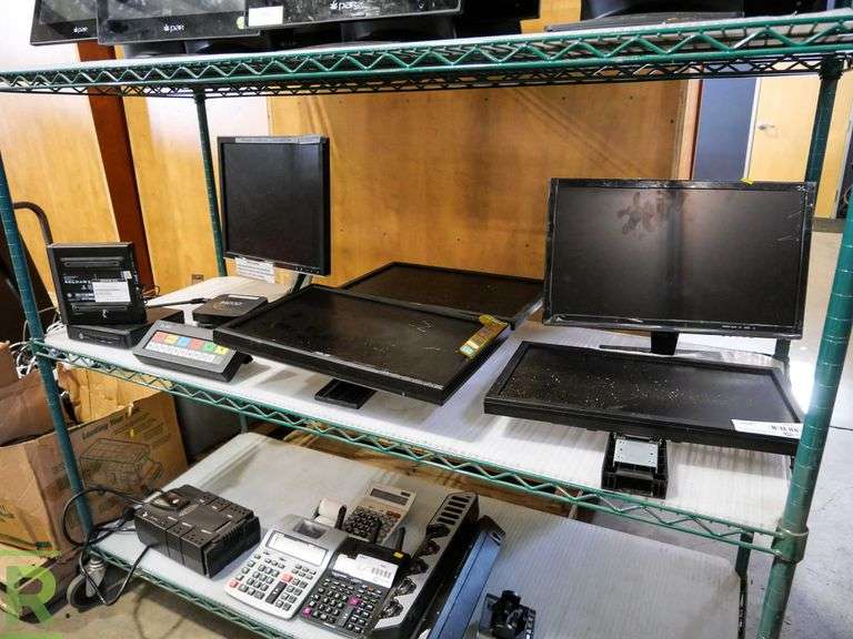 Shelf of Computer Monitors, Logic Controls KB1700 Bump bar, (2) HP Pro ...