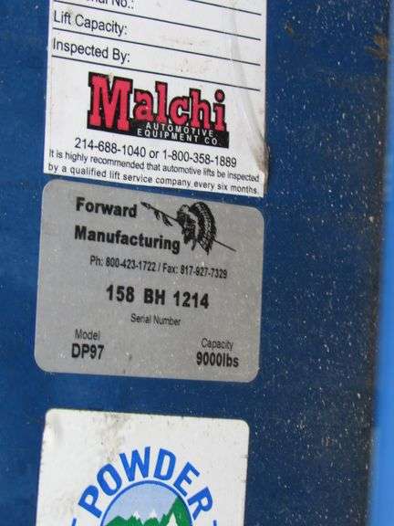 2-POST AUTOMOTIVE LIFT, FORWARD MDL DP97, 9,000-LB CAPACITY, NO POWER ...