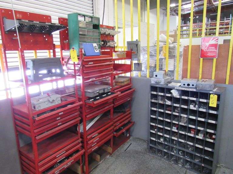 LOT, (3) METAL STORAGE SHELVES WITH TRAYS, (1) NUT AND BOLT BIN, ALL ...