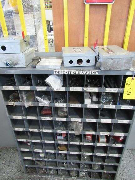 LOT, (3) METAL STORAGE SHELVES WITH TRAYS, (1) NUT AND BOLT BIN, ALL ...
