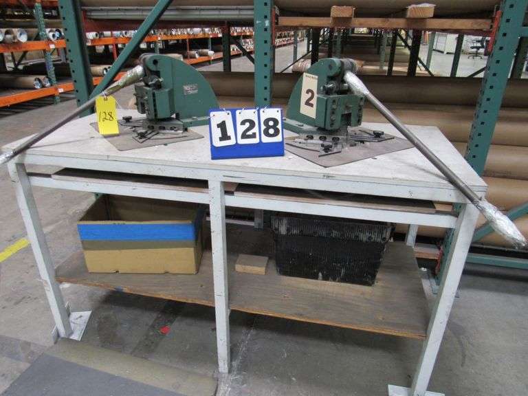 LOT, (2) 4-TON HAND NOTCHERS, MOUNTED TO METAL/WOOD BENCH - Rosen Systems