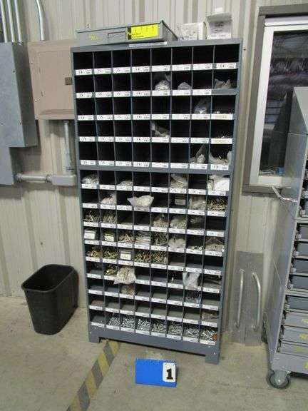 LOT, (2) METAL NUT & BOLT STORAGE BINS, (1) APPROX. 34" X 24" X 12" AND ...