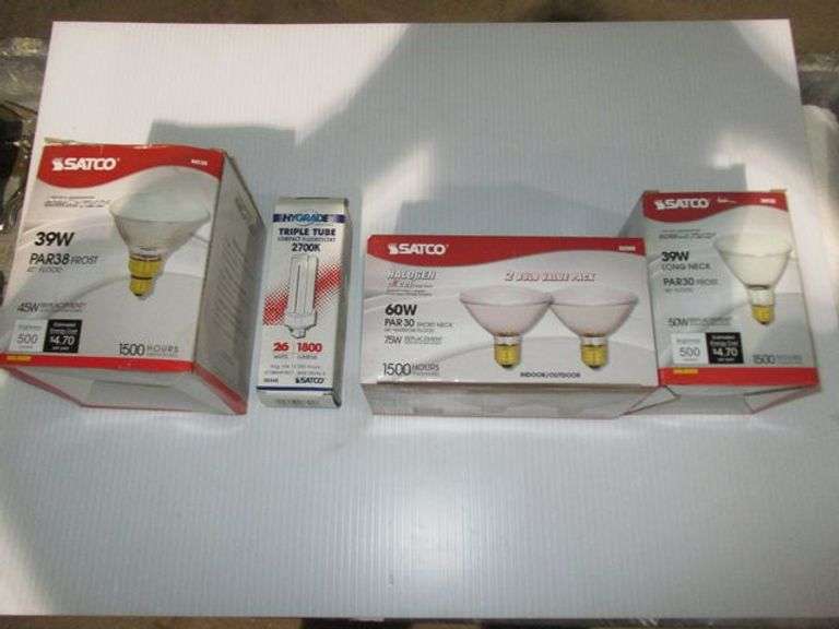 ASSORTED SATCO LIGHT BULBS ON ONE PALLET, APPROXIMATELY (6) PARTIAL ...