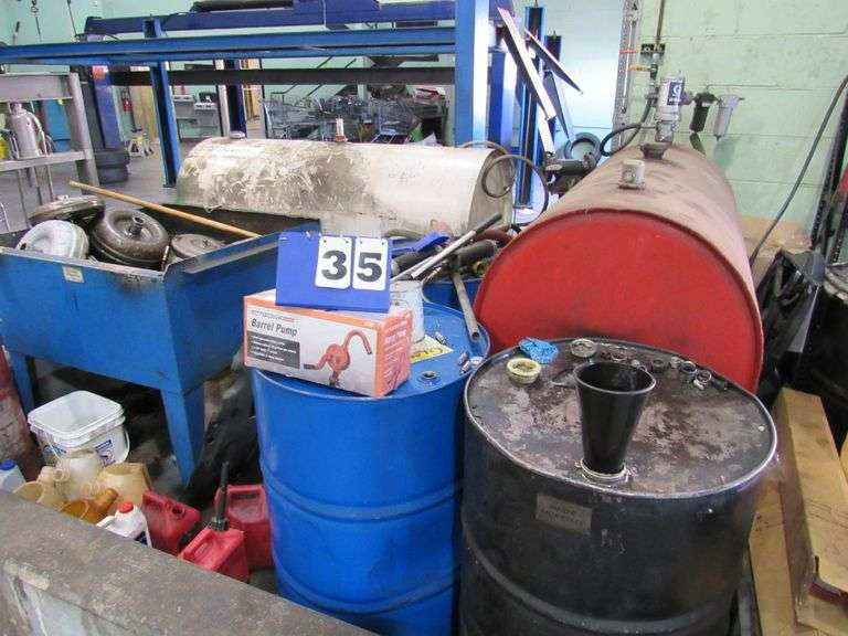 LOT, (2) LARGE OIL STORAGE TANKS, (1) STEEL TORQUE CONVERTER BIN WITH ...