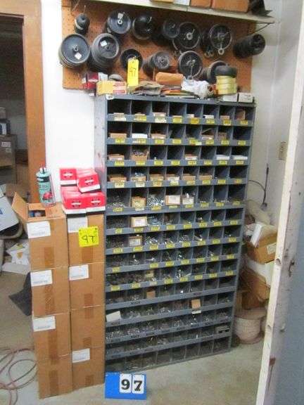 LOT, (2) NUT & BOLT BINS, (1) METAL SHELF, (1) 5-DRAWER METAL CABINET ...