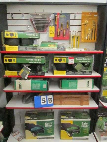 CONTENTS OF SHELF INCLUDING ASSORTED HAND TOOLS, JOHN DEERE GARDEN TOTE ...