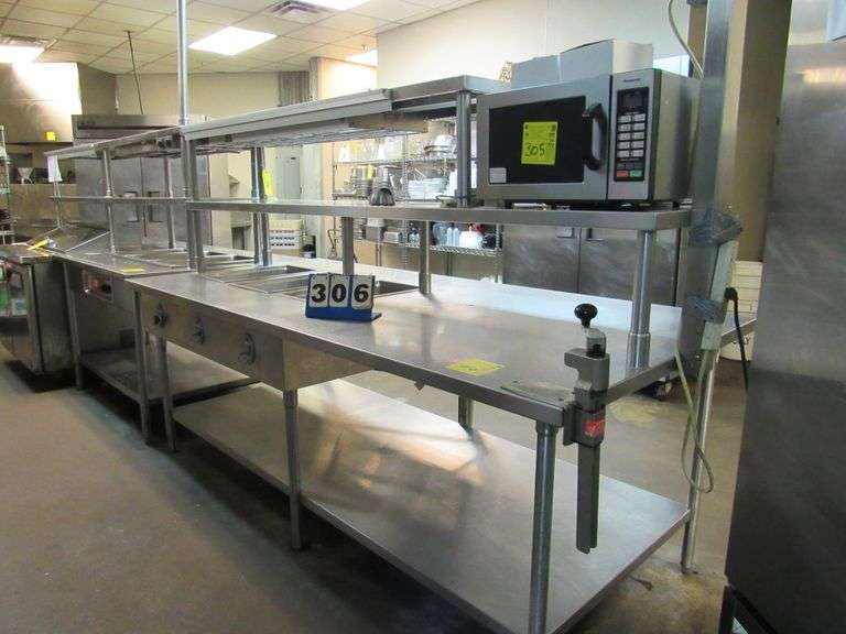 STAINLESS STEEL PREP TABLE WITH 2-TIERS EQUIPPED WITH HEAT LAMPS, (3 ...