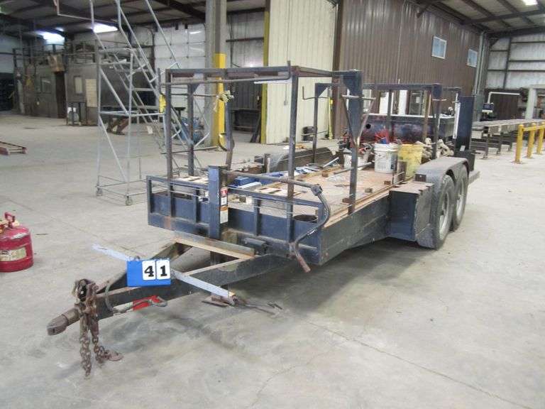 16' STEEL FLATBED EQUIPMENT TRAILER, DUAL AXLE, WITH LADDER RACKS, TANK ...