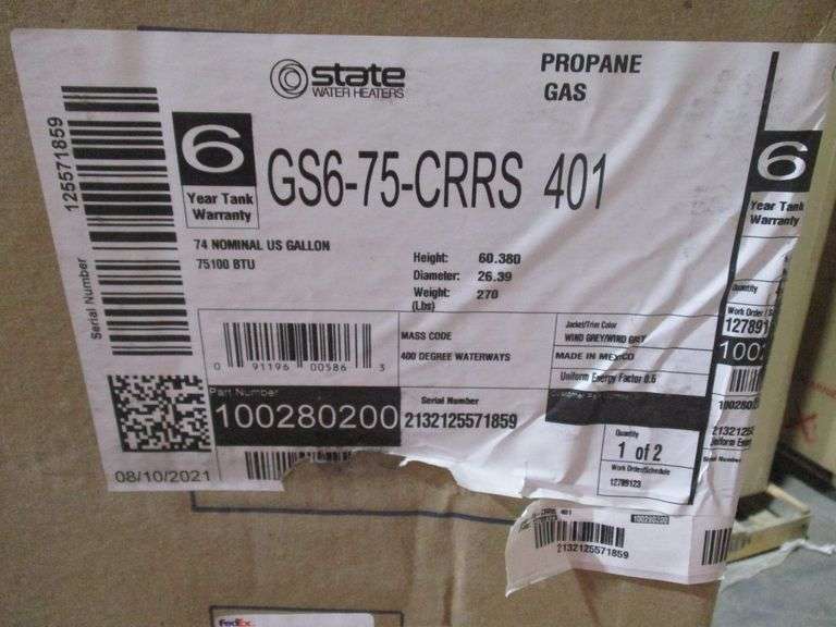 STATE WATER HEATER, PROPANE, 74-GALLON, #GS6-75-CRRS-401, P/N 100280200, S/N 213125571859, WITH ...