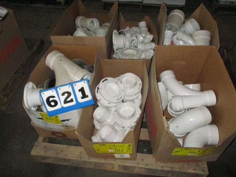 PALLET, (6) OPEN BOXES ASSORTED LARGE PVC FITTINGS INCLUDING 2" ELBOWS ...