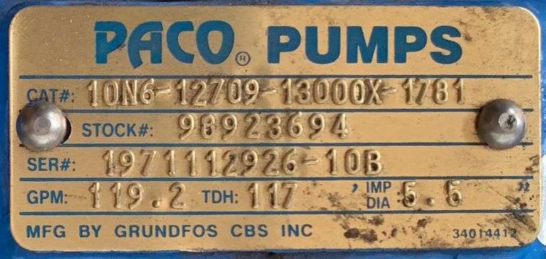 PACO PUMPS MFG BY GRUNDFOS, CAT# 10N6-12709-13000X-1781, STOCK# 98923694 - 119.2 GPM 117 TDH - 5 ...