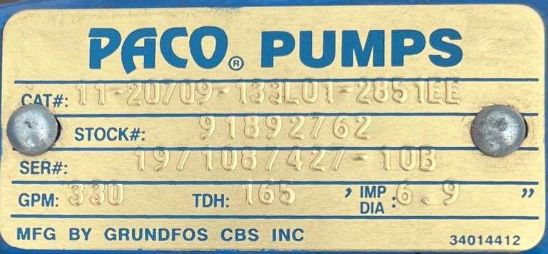 PACO PUMPS MFG BY GRUNDFOS, CAT# 11-20709-133L01-2851EE, STOCK ...