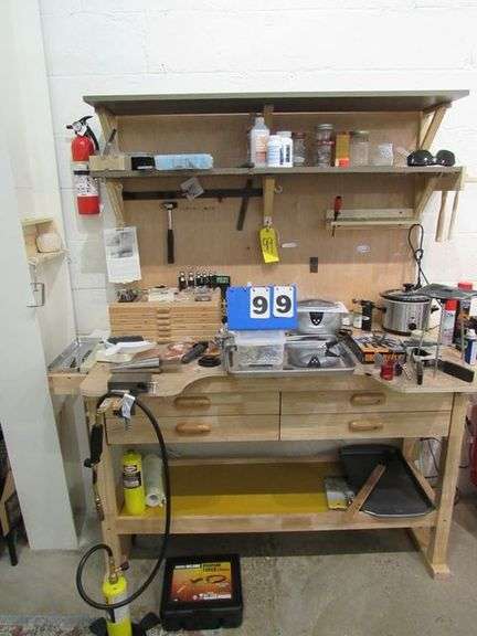 5' WOOD WORK BENCH WITH CONTENTS INCLUDING PLIER KIT, HAMMERS, CROCK ...