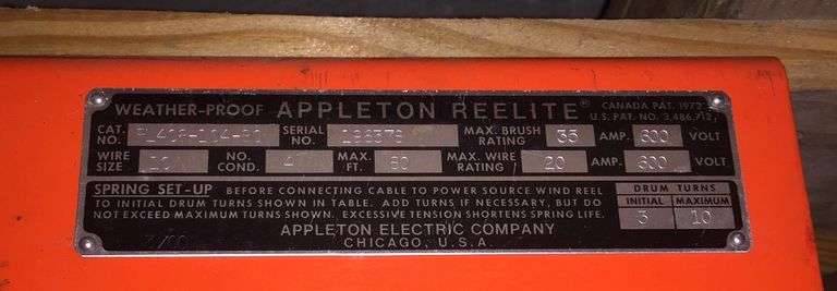 APPLETON REELITE WEATHER-PROOF CABLE REEL CAT. # PL408-104-80, SERIAL ...