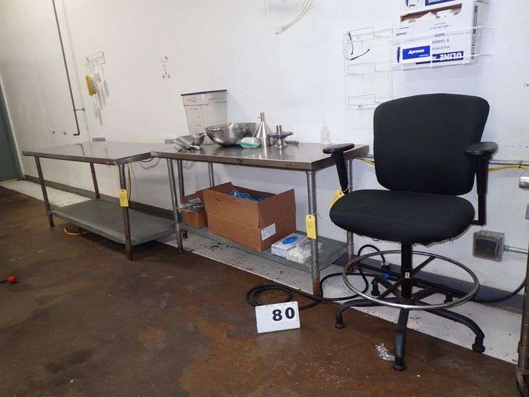 (2) STAINLESS STEEL PREP TABLES WITH LAB HEIGHT CHAIR AND STAINLESS ...