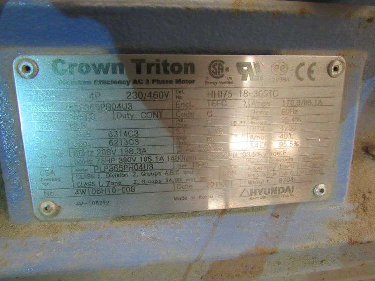 CROWN TRITON ELECTRIC MOTOR, 75 HP, 230/460V, 4-PHASE (CHECKED UNDER POWER, NEW IN CRATE PRIOR ...