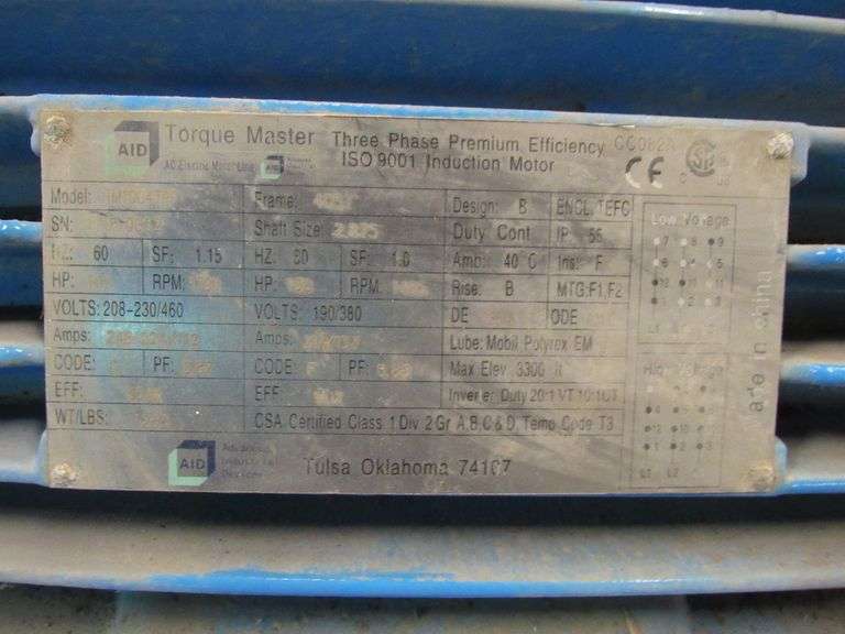 TORQUE MASTER ELECTRIC MOTOR, 100 HP, 208-230/460V, 3-PHASE (CHECKED ...
