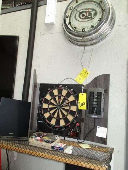 LOT, UNICORN ELECTRIC DART BOARD AND COLT WALL CLOCK, NEON RING WORKS ...
