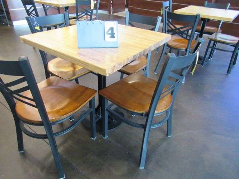 RESTAURANT STYLE TABLE, 30" X 30" WITH METAL BASE AND (4) MATCHING ...