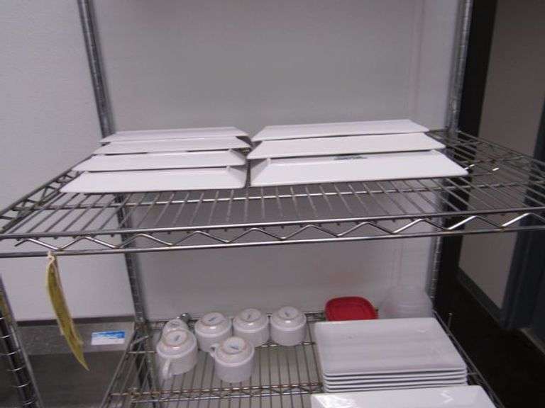 METRO RACK, 18" X 30" X 7' TALL WITH ASSORTED PLATES AND CUPS AS SHOWN ...