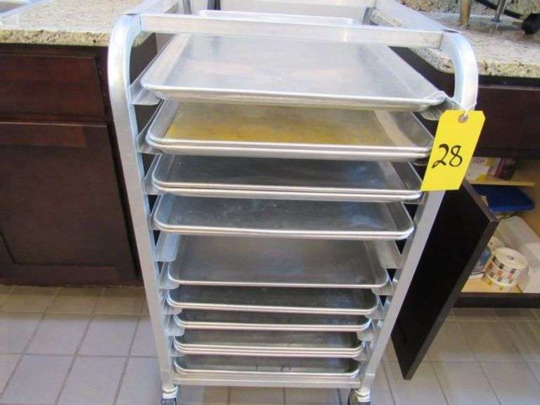 ALUMINUM TRAY CART WITH CASTERS, APPROX. 3' TALL, WITH (18) SHEET PANS ...