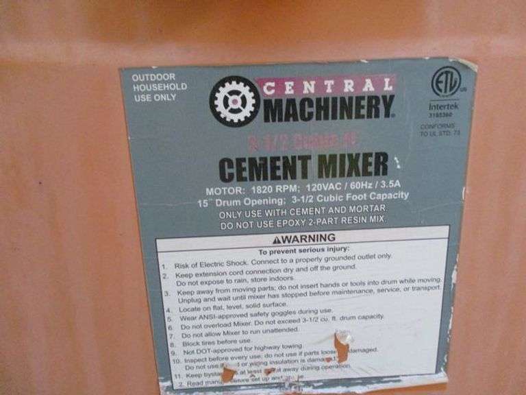 CENTRAL MACHINERY CEMENT MIXER 3-1/2 CUBIC FEET CAPACITY, 120-VOLT ...