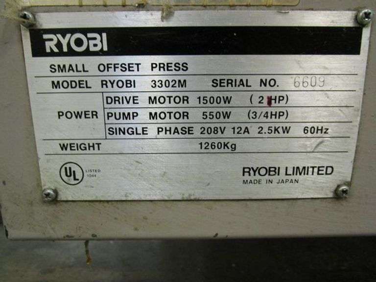 RYOBI 3302M 2-COLOR OFFSET PRESS, S/N 6609, 208-V, WITH PRESS ...