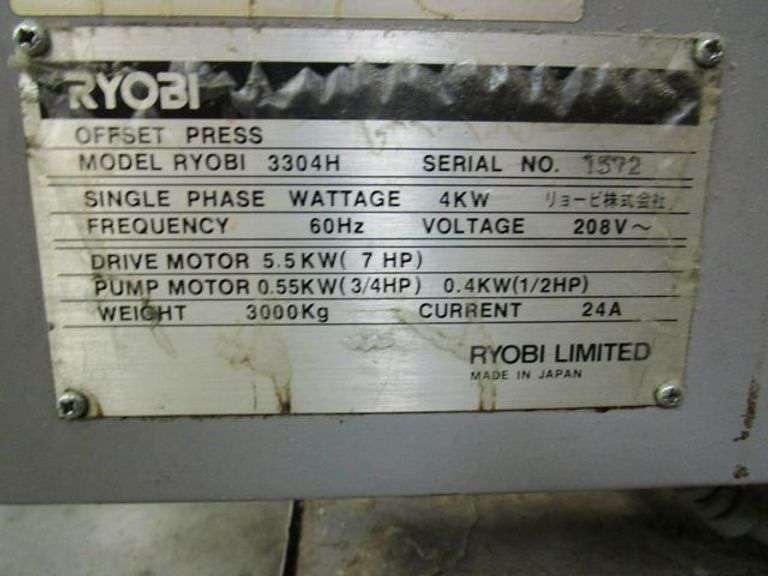 RYOBI 3304H 4-COLOR OFFSET PRESS, S/N 1542, 208-V, 7-HP, 60HZ, 4-KW ...