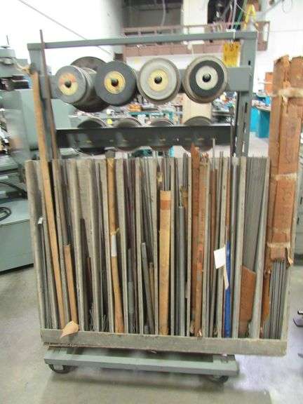 PORTABLE METAL A-FRAME CART W/ASSORTED GRINDING WHEELS & METAL STOCK ...