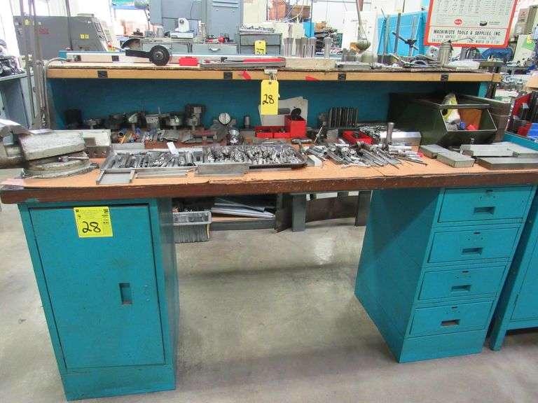 LOT, HEAVY DUTY WORK BENCH W/CONTENTS, 4" BENCH VISE, ASSORTED TOOLING ...