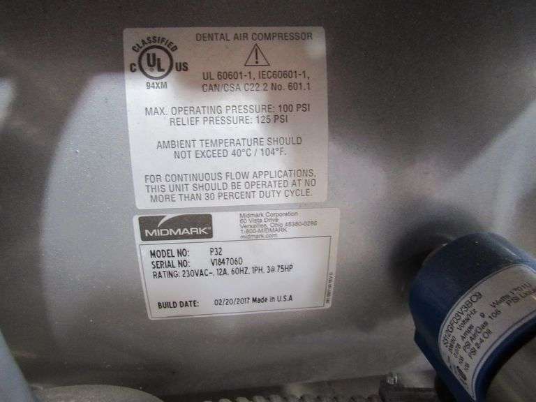 AIR COMPRESSOR, MIDMARK MDL P32, S/N V1847060, (3) GAST MOTORS - Rosen ...