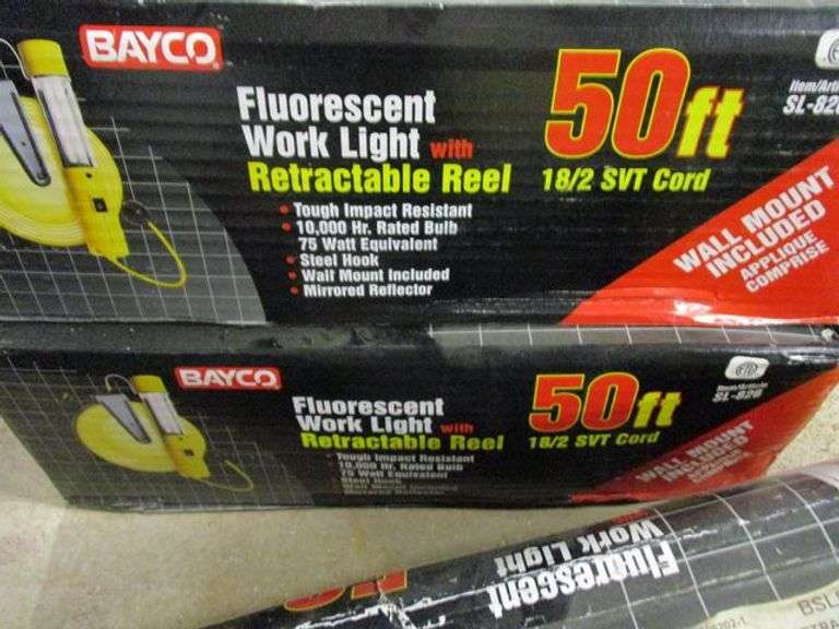 BAYCO 50' FLUORESCENT WORK LIGHTS WITH RETRACTABLE REEL #SL-826 (sold ...