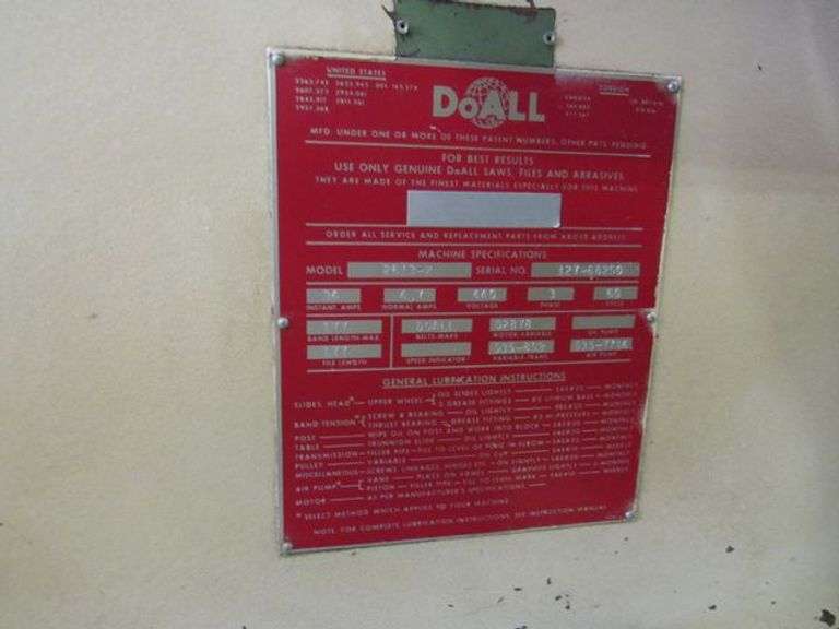 DOALL VERTICAL BANDSAW MDL. 2613-2, S/N 127-68290, 440V, 60 HZ, 3-PHASE ...