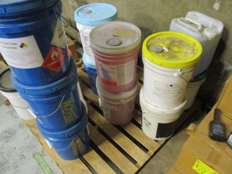 PALLET WITH (14) 5-GALLON CONTAINERS OF ASSORTED CHEMICALS AS SHOWN ...