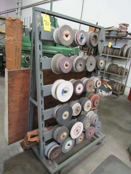 PORTABLE METAL A-FRAME CART W/ASSORTED GRINDING WHEELS & METAL STOCK ...