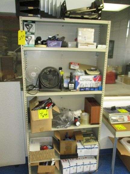 METAL SHELVING UNIT WITH CONTENTS INCLUDING FANS, LOCKS, OFFICE ...