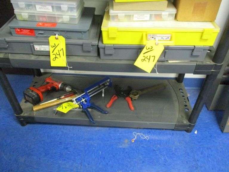 PLASTIC SHELVING UNIT WITH ASSORTED TOOLS INCLUDING FASTENERS, CLIPS ...
