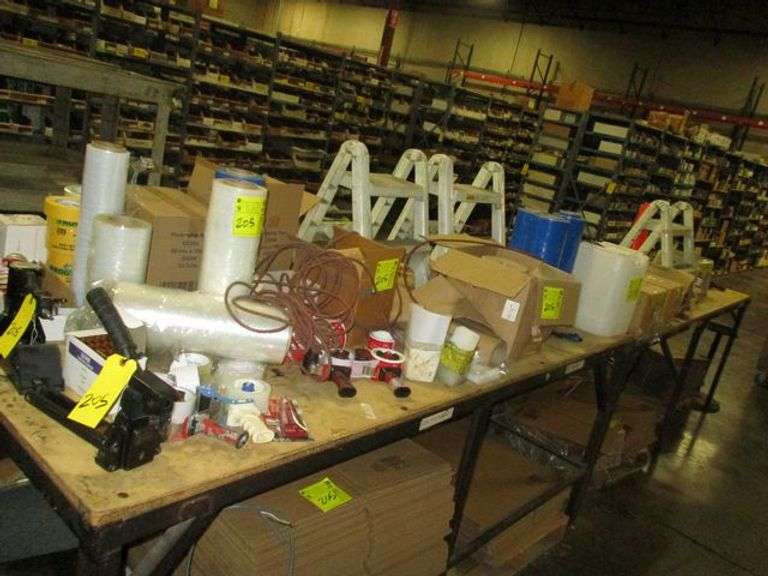 (2) LARGE METAL FRAME SHIPPING TABLES, APPROX. 4' X 8', EACH WITH ...