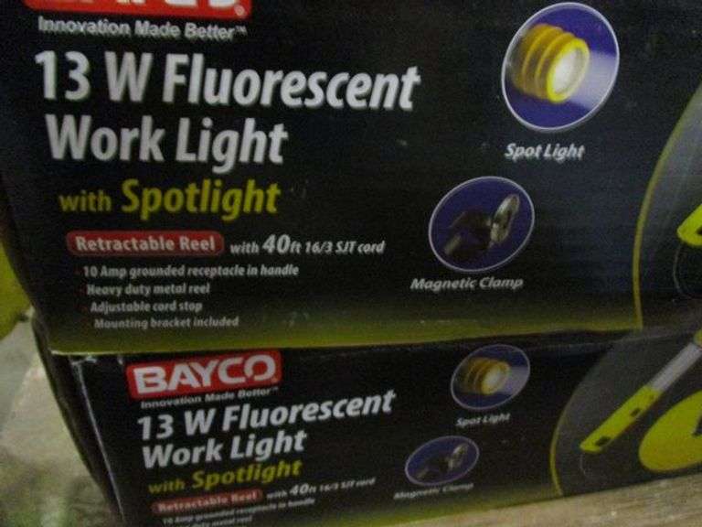 BAYCO 13 WATT FLUORESCENT WORK LIGHTS WITH 40' RETRACTABLE REEL #SL-825 ...