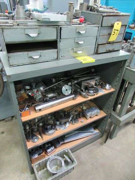 LOT, (1) METAL STORAGE SHELF APPROX. 15" X 36" X 42" TALL, (3) SMALL PARTS BINS W/CONTENTS ...