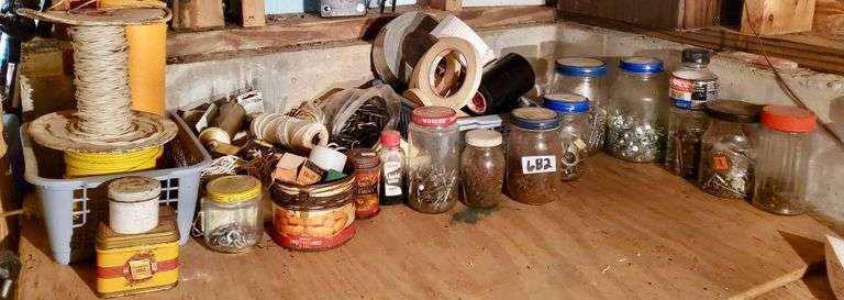 Lot of Wire Spools, Various String and Twine, Assorted Nails, Bolts ...
