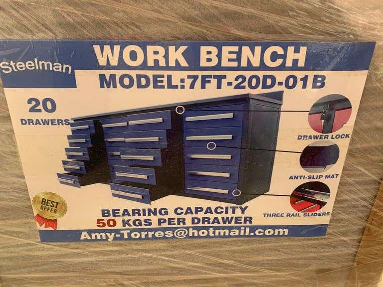 7' Steelman blue work bench, 20 drawers, model 7ft-20D-01B - Schmid Auction