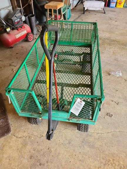 Green pull type lawn cart, foldable sides - Schmid Auction