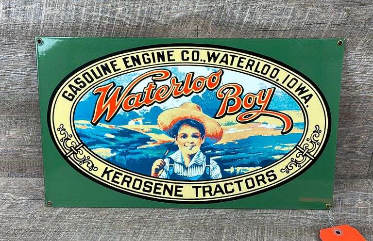 Waterloo Boy reproduction porcelain sign - Schneider Auctioneers LLC