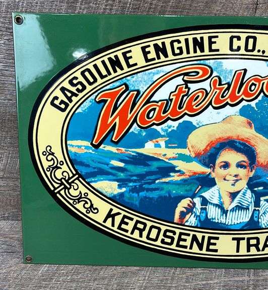 Waterloo Boy reproduction porcelain sign - Schneider Auctioneers LLC