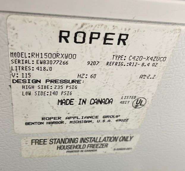 Roper 14 cu. ft. deep freezer - Schneider Auctioneers LLC