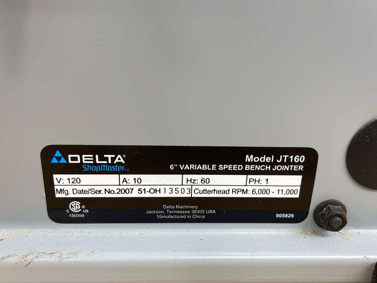 Delta JT160 6" variable speed bench jointer - Schneider Auctioneers LLC
