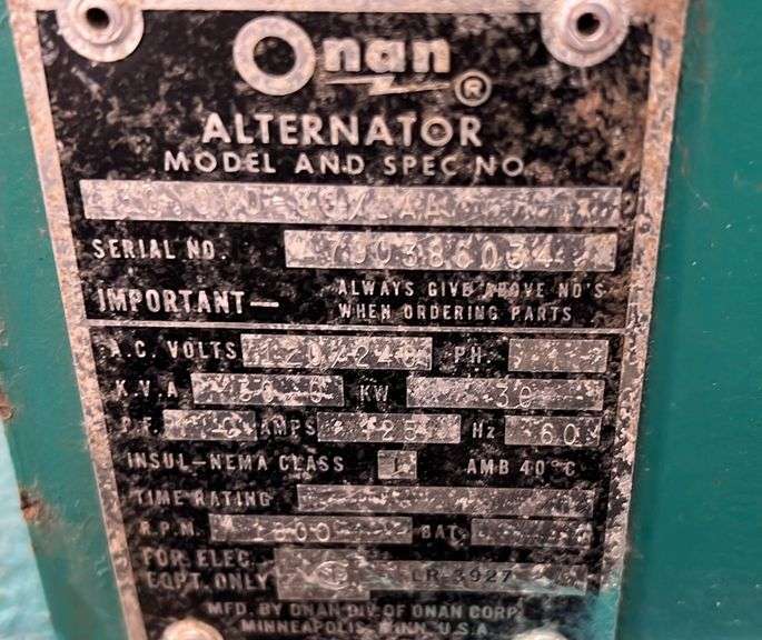 Onan 30 KVA PTO driven generator - Schneider Auctioneers LLC