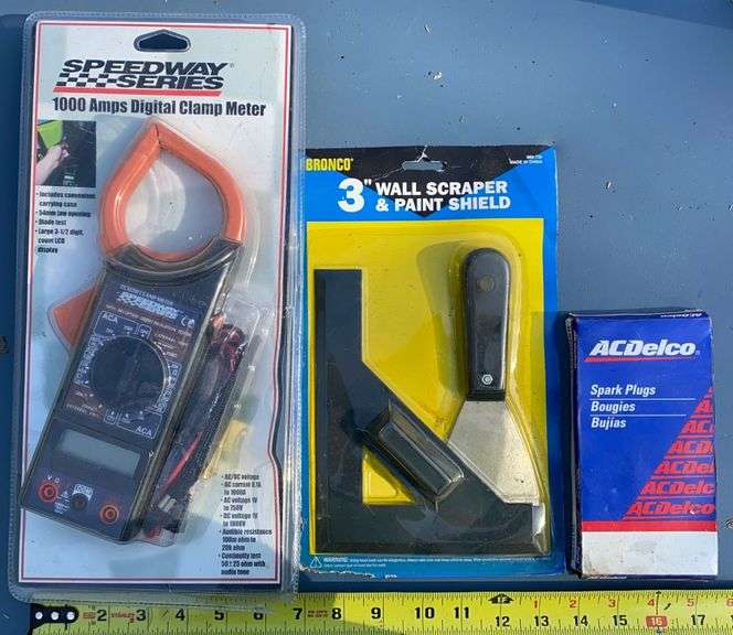 Digital Clamp Meter, Paint Scraper & Spark Plugs - Sherwood Auctions