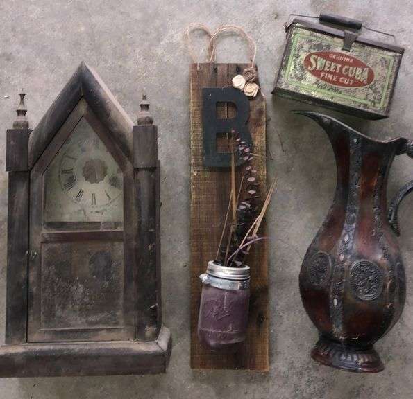 Antique Clock, Tin, Pitcher & Sign - Sherwood Auctions